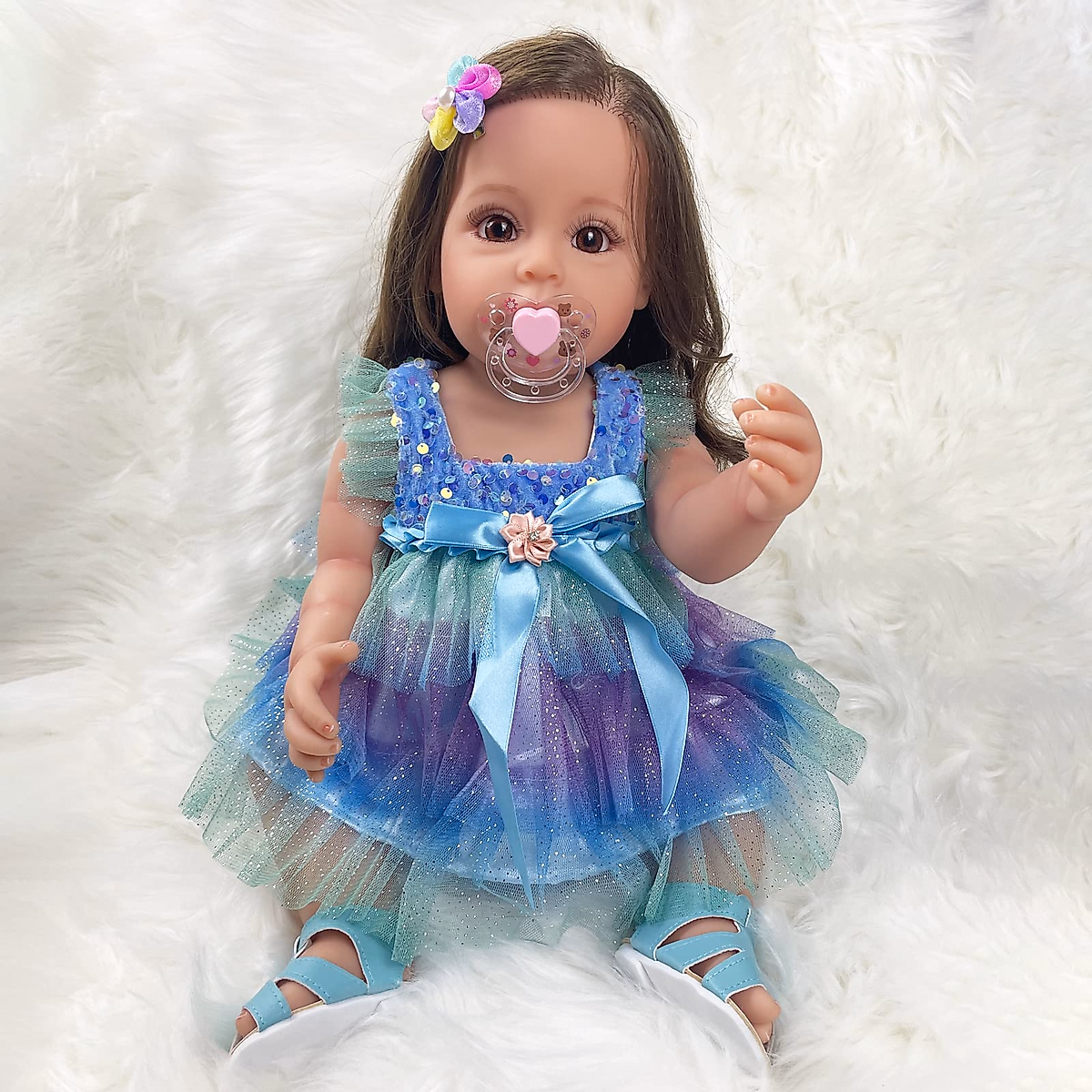 PLAYSKY Reborn Baby Dolls Girl, 22" Beautiful Lifelike Doll Full Body Vinyl Silicone with Long Hair for Kids, Realistic Newborn Baby Doll with Feeding Toy for Birthday Christmas