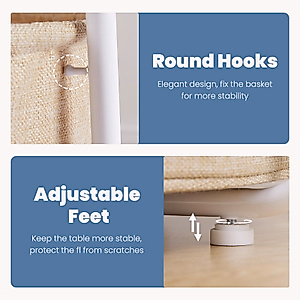 DUMOS Small Round Side End Table, Modern Nightstand with Fabric Storage Basket, Bedside Table for Living Room Bedroom (White & Beige