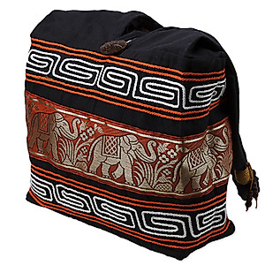 NOVICA Artisan Handmade Cotton Blend Shoulder Bag Black Vermilion from Thailand Wood Handbags Orange Gold Tone Embroidered Animal Themed Elephant ' Thai Elephants in Vermilion'