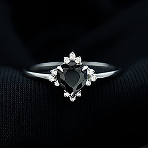 Certified Heart Shape Black Onyx Promise Ring with Diamond | AAA Quality | 6 MM Black Onyx | December Birthstone Ring, 14K White Gold, Size:US 6.00