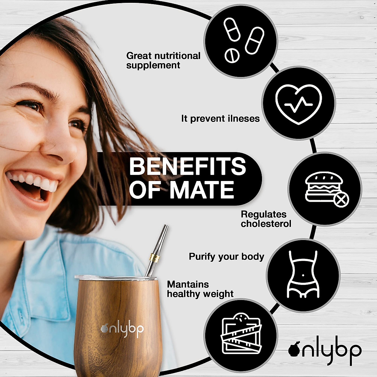 OnlyBP - Argentinian Mate Kit, Includes Yerba Mate Cup, 2 Straws, and Cleaning Brush (Wood)