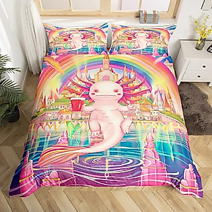 Feelyou Cartoon Axolotl Duvet Cover Ocean Animal Bedding Set for Kids Boys Girls Rainbow Castle Comforter Cover Cute Sea Animal Bedspread Cover with 1 Pillowcase 2Pcs Bedding Toddler,No Comforter