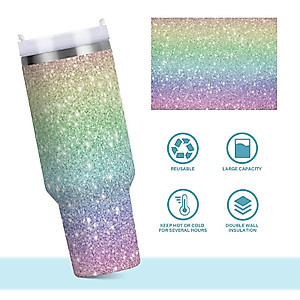 Wfrish Rainbow Shiny Glitter Stripes 30 oz Tumbler with Handle and Straw Lid, Sparkle Insulated Coffee Cup Reusable Stainless Steel Water Bottle Travel Mug Cupholder Friendly,Gifts for Women Men