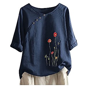 Womens Summer Tops,Womens Cotton Linen Floral Print Tunics Short Sleeve T-Shirts O-Neck Loose Comfy Button T Shirts Navy