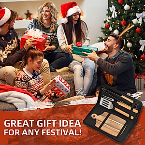 BBQ Tool Grill Accessories Set - AMPSEVEN 4PCS Stainless Steel Grilling Tools Kit with Acacia Wood Chopping Board,Spatula, Fork, BBQ Tongs Deluxe Barbecue Gift with Carrying Case