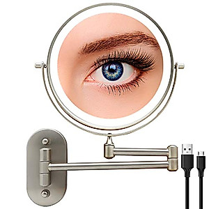 Rechargeable Lighted Makeup Mirror Wall Mount, Extendable Double Side Vanity Mirror with 10X Magnification 3 Color Lights 8 Inch Bathroom Mirror Nickel