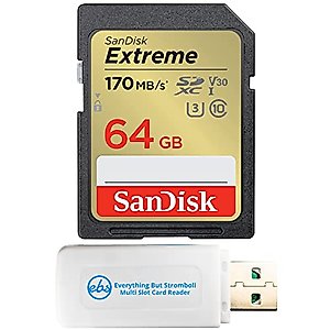 SanDisk 64GB Extreme Memory Card works with Canon EOS Rebel SL2, T6, T6i, T5i EF-S, EOS 80D, Powershot Camera SDXC 4K V30 UHS-I (SDSDXVE-064G-GNCIN) with Everything But Stromboli Combo Reader