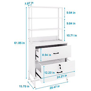 Jehiatek File Cabinets for Home Office with Lock 2 Drawer, Large Vertical Filing Cabinet with Bookshelf, Sturdy, Durable, Easy to Assemble and Clean (White), 25.59'D x 15.75'W x 62'H