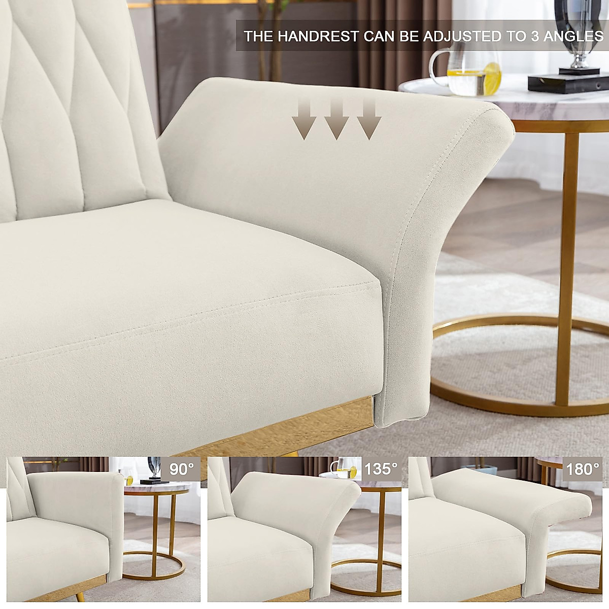 TTGIEET Velvet Accent Chair with Ottoman, Modern Upholstered Tufted Armchair, Comfy Single Sofa Chair Side Chair with Golden Metal Legs& Adjustable Arms for Living Reading Room Bedroom Office (Cream