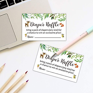 Diaper Raffle Tickets Woodland Baby Shower Game Invitations Insert for Boy Girl, Bring a Pack of Diapers to Win Favors, Lottery Insert Card, Green, 3.5" x 2", Pack of 50