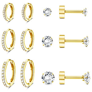 FASACCO 14K 8/10/12MM Flat Back Cartilage Earring Set for Multiple Piercing Tiny Cartilage Hoop Earrings Gold Dainty Flatback Cartilage Stud