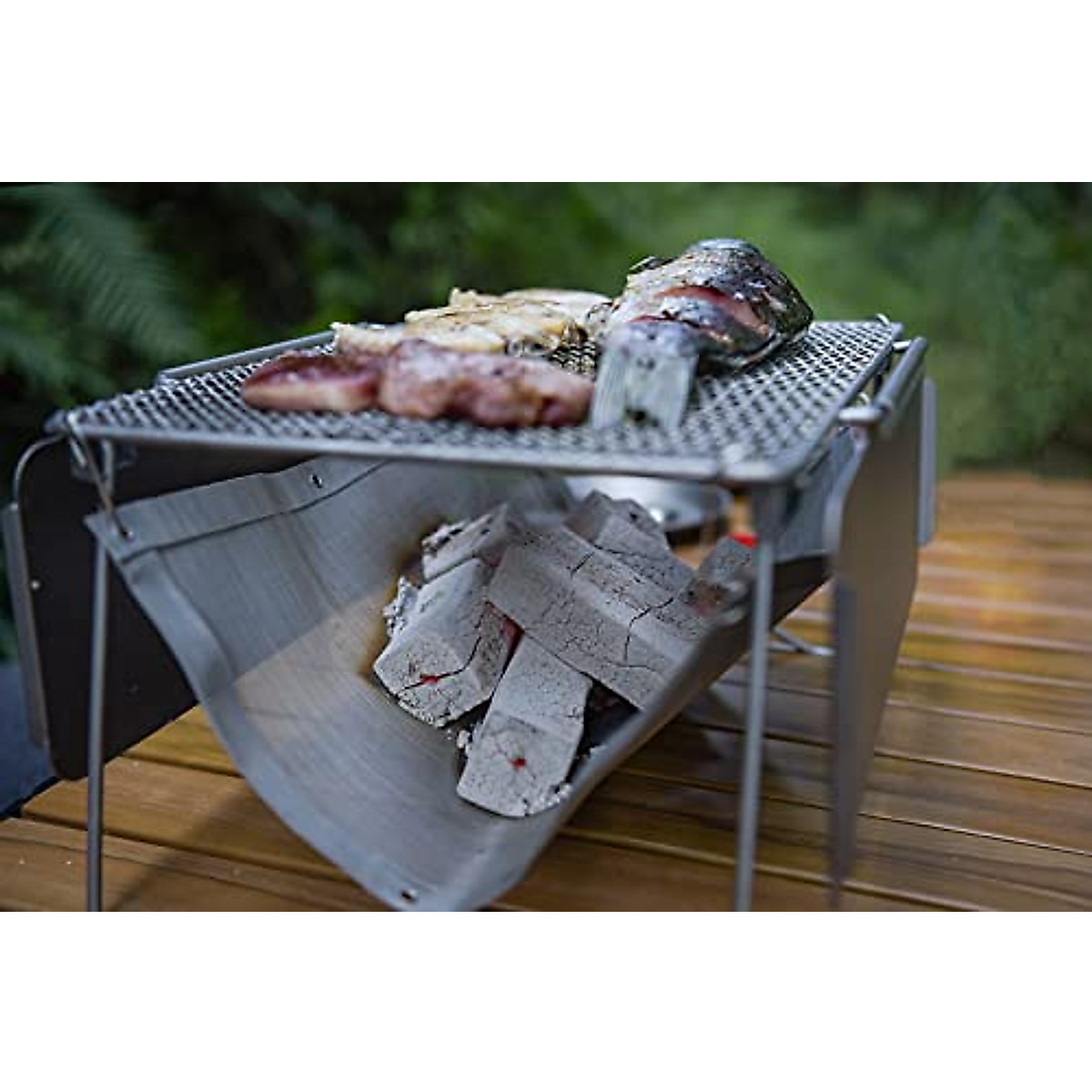 Boundless Voyage Titanium Folding Campfire Grill BBQ Charcoal Collapsible Grilled Net 2 in 1 Portable Grill Camping Table with Frying Plate Portable Folding Legs Outdoor Picnic Backpacking