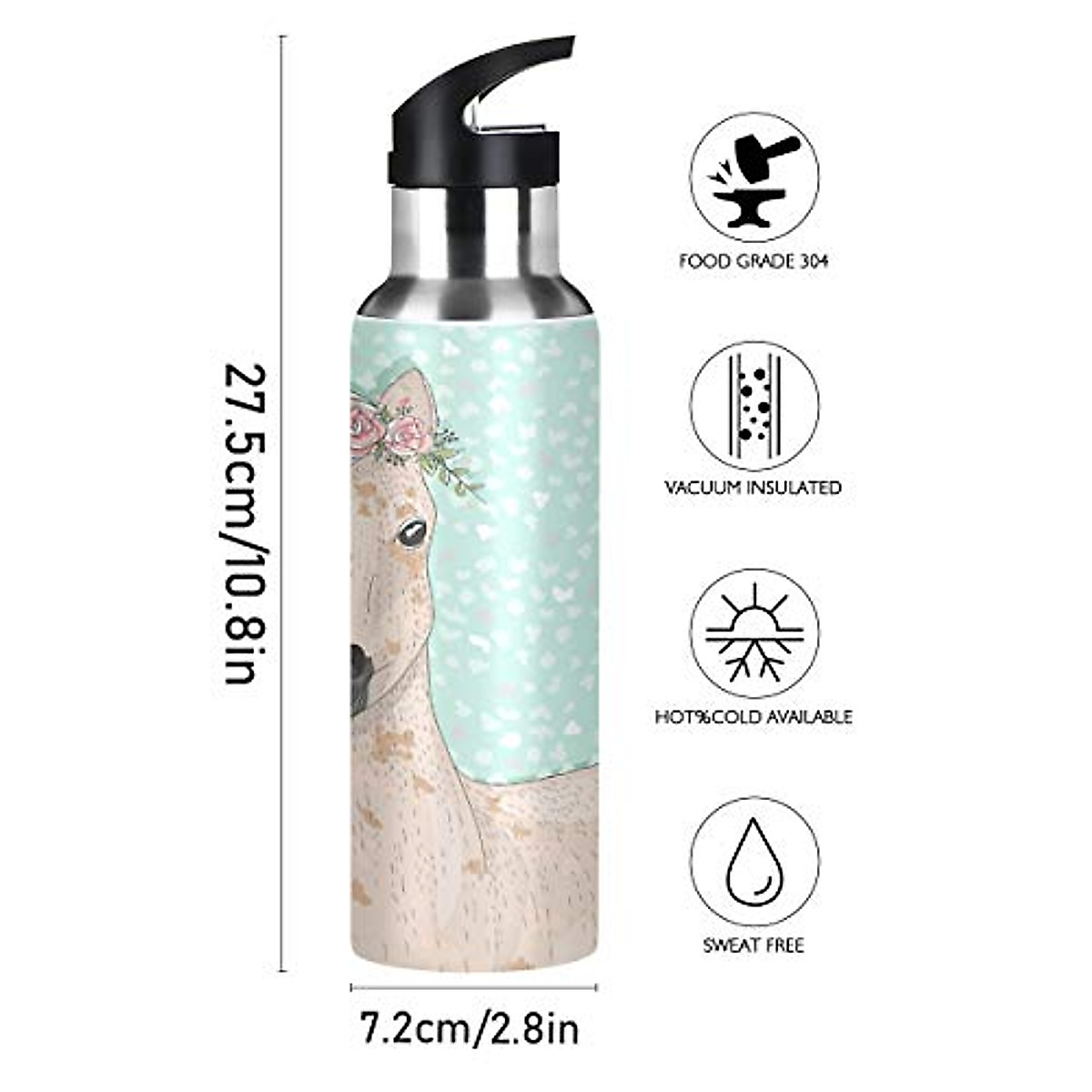 Flower Horse Water Bottle Stainless Steel Vacuum Insulated Water Bottle Standard Mouth Bottle with Wide Handle