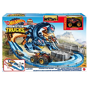 Hot Wheels Monster Trucks Scorpion Sting Raceway 3.5 feet Motorized Track Set with Giant Scorpion, 1:16 scale Monster Truck Podium Crasher & 1 Hot Wheels 1:64 Scale Night Shifter Model