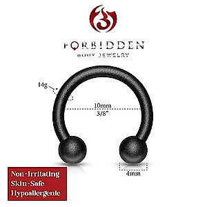 Forbidden Body Jewelry 14g 10mm Surgical Steel Matte Black IP Plated Horseshoe Body Piercing Ring, 4mm Balls