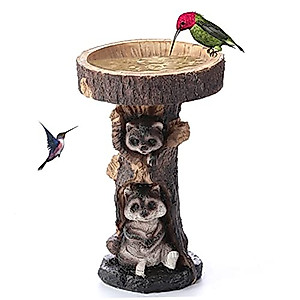 Naisicore Birdbath, 21cm/8.3inch Resin Raccoon Woode Stake Bird Feeder Statues, Standing Animal Bird Bath Tray, Garden Landscape Decorative Ornament for Patio Yard Lawn Decoration