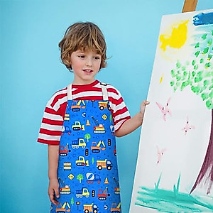 ASPMIZ Blue Kids Apron, Cartoon Vehicles Toddlers Apron for Boys, Tractor Childrens Aprons for Girls Adjustable Waterproof Child Apron for Gardening Crafting Cooking, Kids Boys Girls Gift