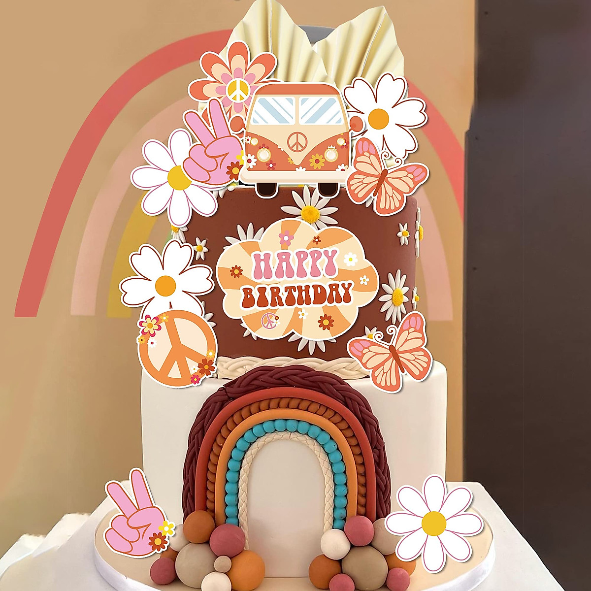15 PCS Groovy Cupcake Toppers Boho Rainbow Cake Topper Hippie Party Decorations with Flower Bus Happy Birthday for Girl 2nd Birthday Party 60s Theme Boho Groovy Party Supplies (Bohemia)