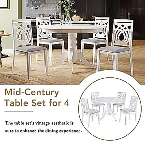 5-Piece Dining Table Set, Round Kitchen Table Set for 4, Extendable Kitchen Table Set with 4 Exquisite Upholstered Chair, Solid Wood Dining Furniture Set with Extendable Leaf for Small Places, White