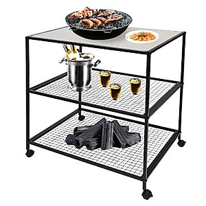 Outdoor Grill Dining Cart 3-Shelf Movable Dining Cart Adjustable Prep Cart Table Stand Storage Rack Shelves Kitchen Heavy Duty Grill Cart for Camping Lawn