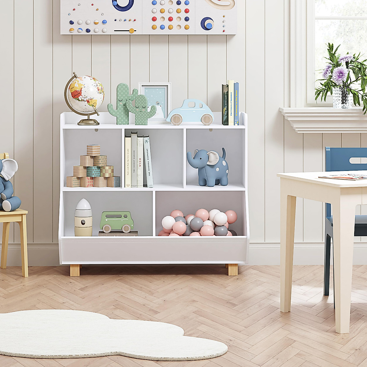 UTEX Toy Storage Organizer, Kids Bookshelf and Toy Storage with Legs, 5 Cube Storage Organizer, Children Bookcase for Kids Room, Living Room, Nursery,White