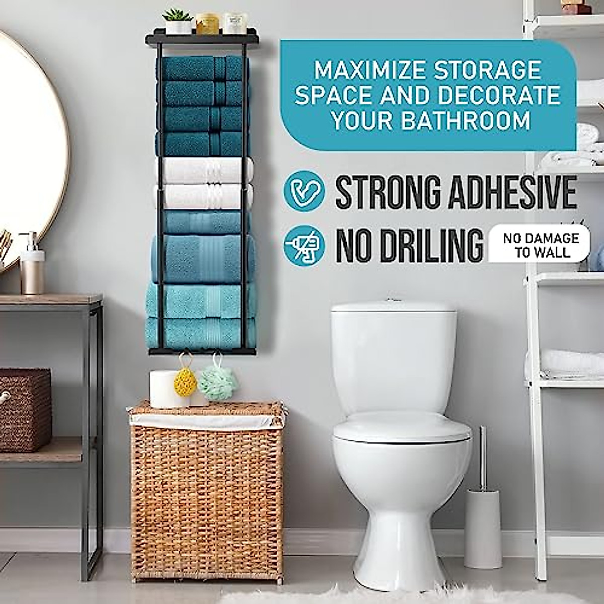 Hommtina Bathroom Towel Storage Black Towel Holder Bathroom Decor Aesthetic Towel Racks for Bathroom Bath Towel Storage for Rolled Towels Organizer