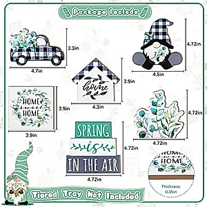 Guoofu Spring Tiered Tray Decor, 6 Pieces Farmhouse Eucalyptus Leaves Tray Decorations, Spring Gnome Wreath Buffalo Plaid Truck Wooden Signs, Rustic Spring Decor for Home Table Mantel Office Party