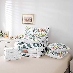 Erosebridal Reptile Kids Comforter Set Twin 7 Piece Lizard Gecko Print Bed in a Bag Wildlife Animal Room Decor,Green Leaf Pink Flowers Bedding Set with Fitted Sheet,Flat Sheet,Pillow Cases & Covers