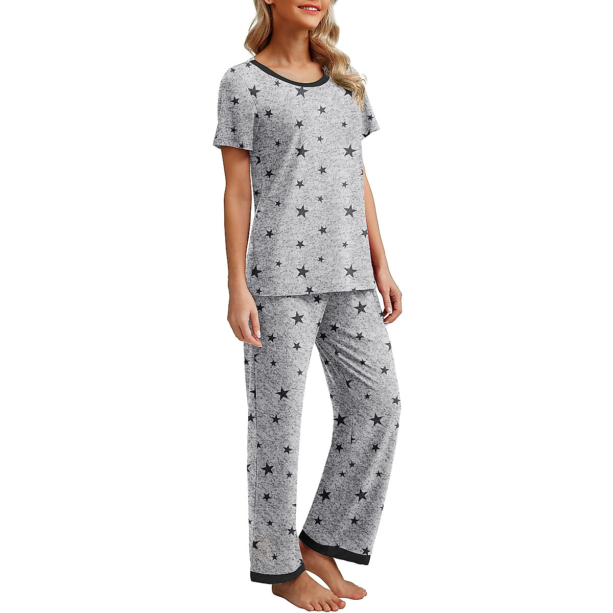 PrinStory 2024 Womens Pajama Set Short Sleeve Sleepwear Ladies Soft Pjs Lounge Set with Pockets Black Star Gray-L