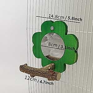 Bird Parakeet Mirror for Cage,Parrot Perch Stand,Wooden Hummingbird Swing Toy,Parakeet Accessories for Cockatiels Conure Finch Lovebird Canary African Grey Macaw (Clover)