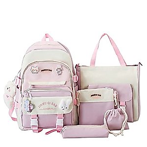 TUDERE Kawaii backpack set of 5 pieces aesthetic backpack for school teenage girls' daily necessities with charm and pins, pencil case, tote bag, small bag.
