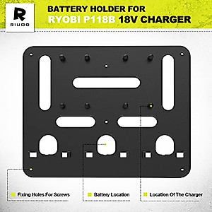 Riuog Battery Holder for Ryobi,Black Metal Wall Mount Bracket for Ryobi 18V Battery and Ryobi P118B Charger,3 Battery Holder and 2 Charger Holder for Tool Room and Garage