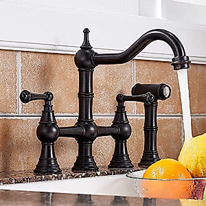 VCCUCINE Oil Rubbed Bronze Bridge Kitchen Faucet Brass with Side Sprayer, Antique Brass 8 Inch Centerset 4 Hole 2 Handle Farmhouse Sink Faucet, Stainless Steel Kitchen Faucets for Sink 3 Hole