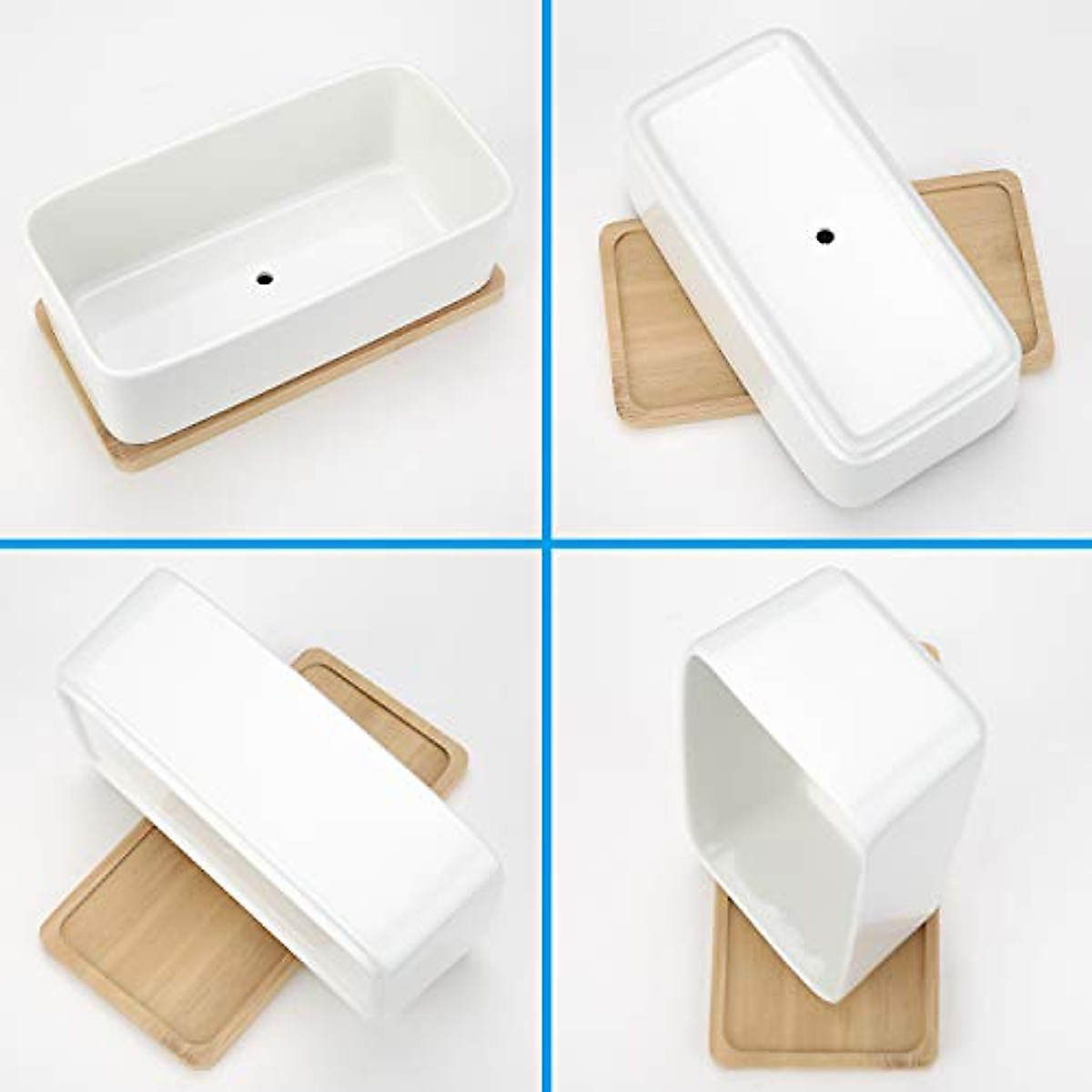 OAMCEG 2 Pack Succulent Plant Pots 6 Inch Rectangular Ceramic Planters, Set of 2 White Cactus Container, Bonsai Pots, Flower Pots with Drainage Hole & Bamboo Tray (Plants NOT Included)