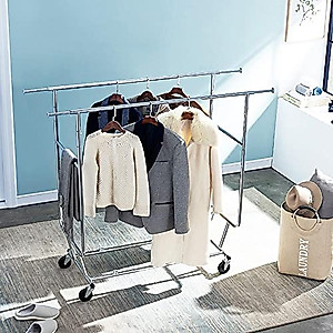 Yaheetech Commercial Clothing Garment Rack, Heavy Duty Double Rail Clothes Rack, Rolling Collapsible Rack Hanger Holder, Extendable Clothes Hanging Rack, Silver