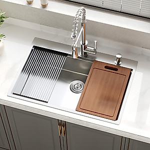 HERCATE 33" x 22" Drop in Kitchen Sink, 304T Stainless Steel Sink, Drop in Workstation Sink, Topmount Single Bowl Kitchen Sink with Integrated Ledge