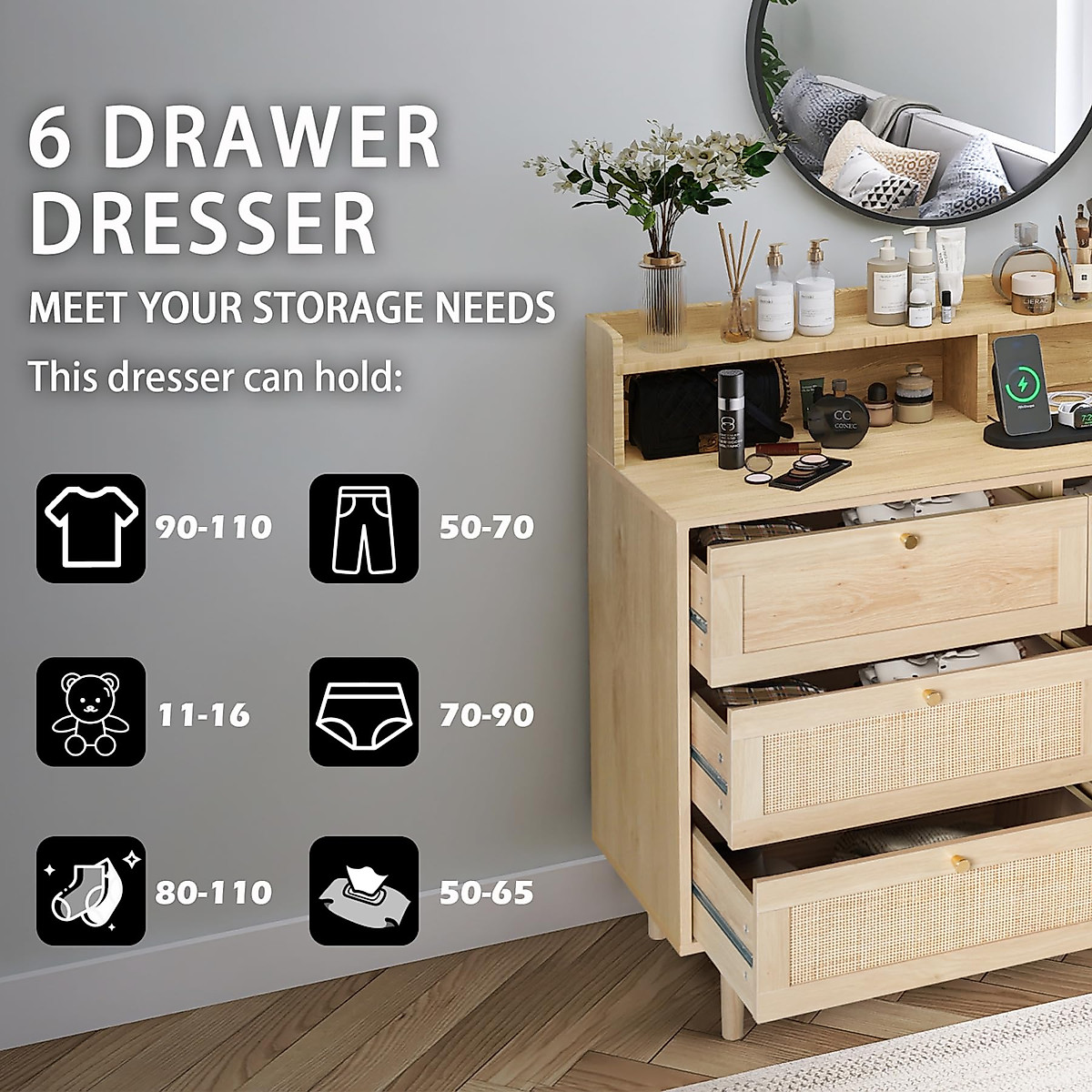 FUQARHY Rattan Dresser for Bedroom with Shelves, Modern 6 Drawer Double Dresser with Charging Station, Wood Chest of Drawers for Bedroom, Living Room, Hallway (Natural)
