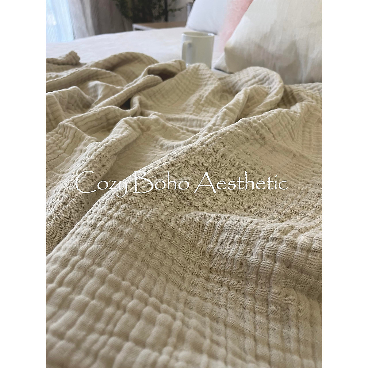 KyraHome 100% Organic 55"x60" Muslin Cotton Throw Blanket for Couch, Adult, Plant Dyed Breathable Soft Cozy Lightweight Gauze Blanket, All Season (Oatmeal Khaki/Sandshell)