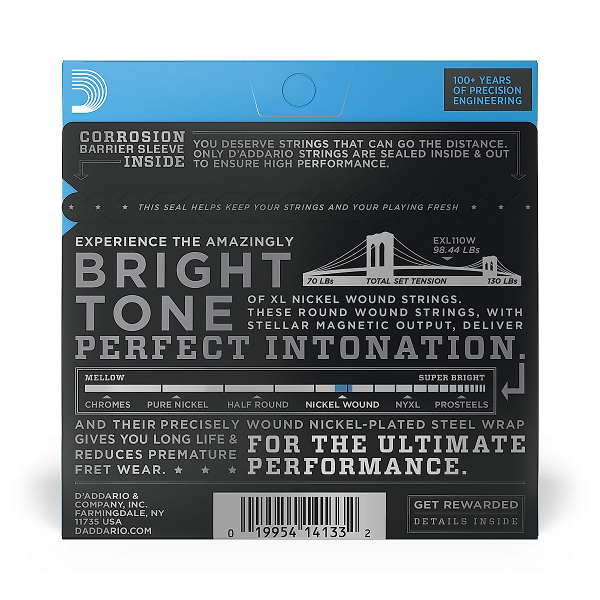 D'Addario Guitar Strings - XL Nickel Electric Guitar Strings - EXL110W - Perfect Intonation, Consistent Feel, Reliable Durability - For 6 String Guitars - 10-46 Regular Light Wound Third