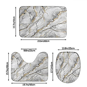 Wondertify White Marble Bathroom Antiskid Pad Fashion Marbling Granite Stone 3 Pieces Bathroom Rugs Set, Bath Mat+Contour+Toilet Lid Cover Gold Black Gray