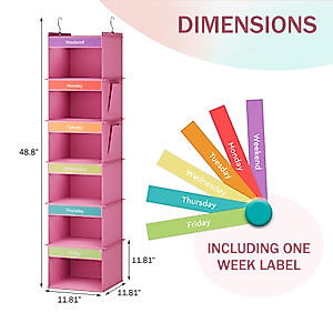 YOUDENOVA 6-Shelf Weekly Hanging Closet Organizer, Closet Organizers with 2 Side Pockets, Weekly Clothes Organizer for Kids, Pink