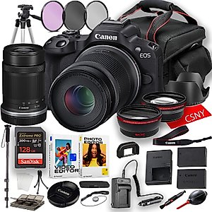 Canon EOS R50 Mirrorless Camera with 55-210mm Lens + 128GB Memory + Pro Series 0.43x Af Wideangle Lens + Pro Series 2.2X Af Telephoto Lens + Monopod + Filters + Tripod + More (29pc Bundle) (Renewed)