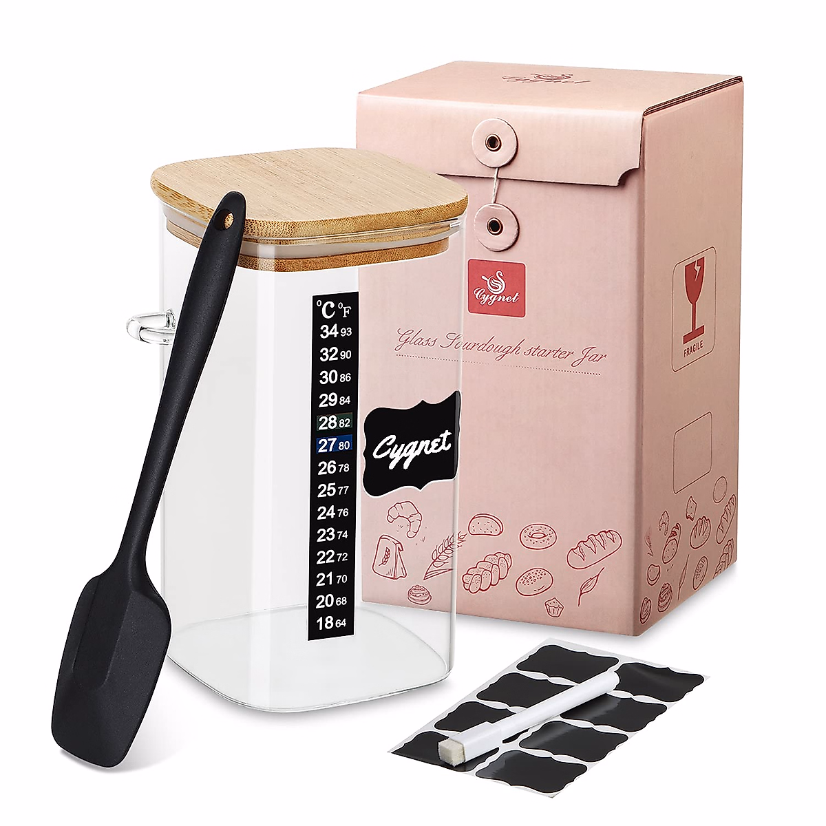 Cygnet Glass sourdough starter jar 50 Oz Fermentation tank with wood lid, fermentation tank, thermometer, silicone tank spatula, blackboard label and marking-used to store yeast starter