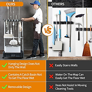QTJH Broom mop holder cleaning supplies organizer janitorial carts on wheels housekeeping station storage tools for garage, garden, closet, cabinet.