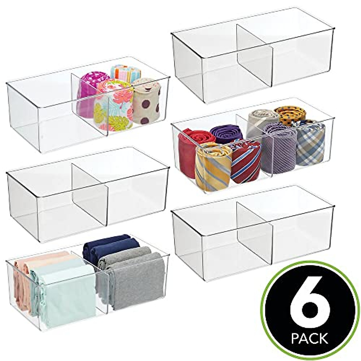 mDesign Plastic 2 Compartment Divided Drawer and Closet Storage Bin - Organizer for Scarves, Socks, Bras, and Underwear - Dress Drawer Organizer, Shelf Organization - 6 Pack - Clear