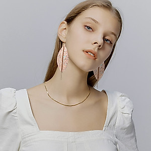 JIUIQL Unique Handmade Fashion Large Leopard Soft Leather Fringe Feather Dangle Drop Color Earrings Lightweight Faux Leather Sparkly Shine Glitter Leaf Earring for Women Statement Jewelry Gifts (Pink)