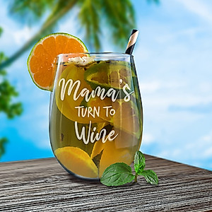 shop4ever Mama's Turn To Wine Engraved Stemless Wine Glass 15 oz. Funny Gift for Mom