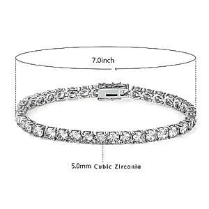 18k White Gold Plated 5.0 Cubic Zirconia Tennis Bracelet 7.5 inch for Men and Women