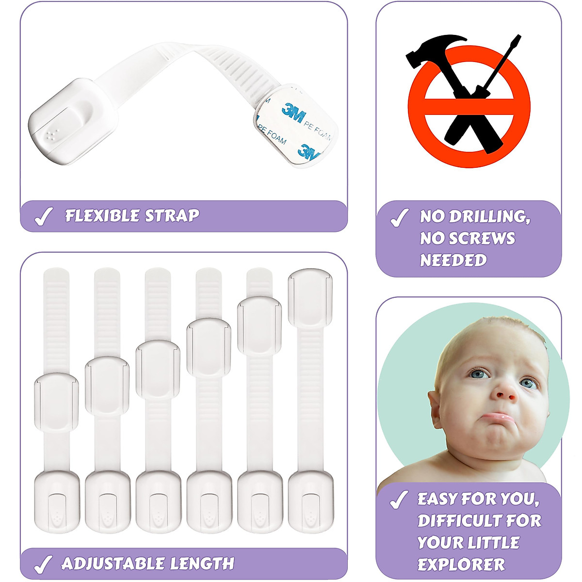 Baby Proofing Safety Cabinet Locks - Child Proof Latches for Dresser Drawer Cupboard Doors Closet Oven Refrigerator Fridge - Adjustable Childproof Straps by Oxlay - White - 6 Pcs