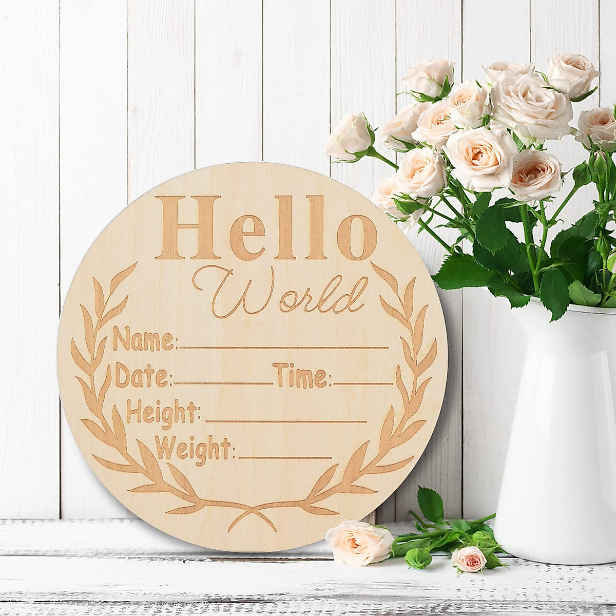Aitikili Baby Announcement Sign - Hello World Newborn Sign,Wooden Baby Birth Announcement Sign for Nursery,Baby Name Sign for Hospital,Welcome Baby Newborn Arrival Sign Announcement Board for Photo